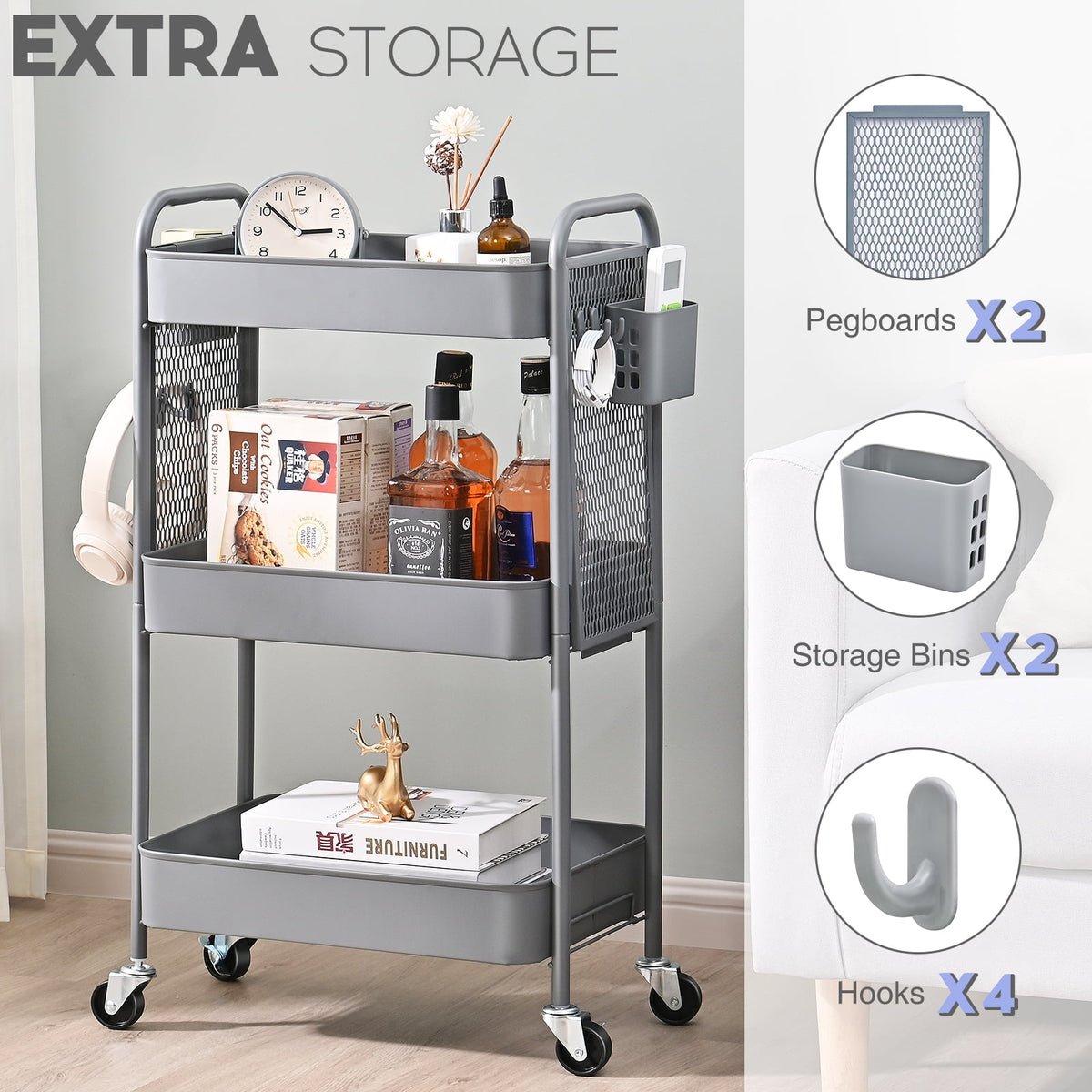 KK KINGRACK Metal Rolling Storage Cart, 3-Tier Utility Cart with Wheel ...