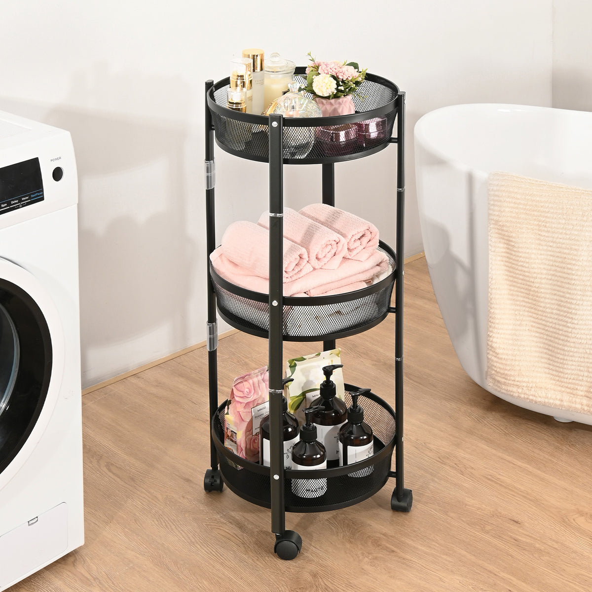 KINGRACK Foldable 3 Tier Rolling Cart, Installtion-Free Round Mesh Bas ...